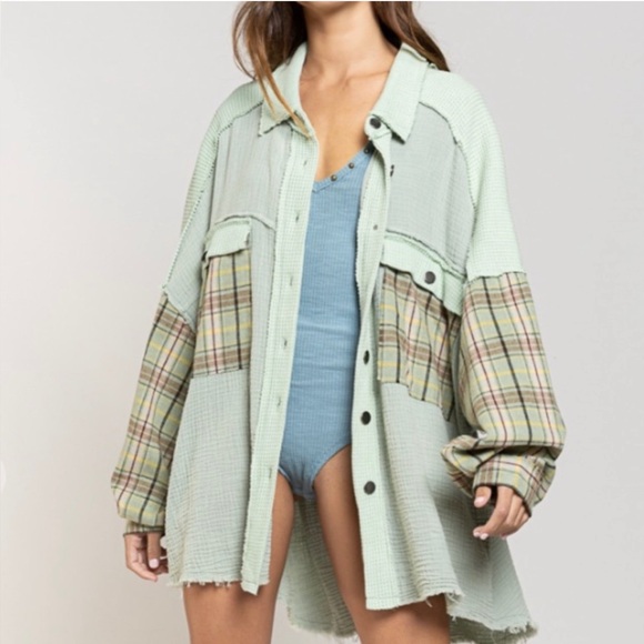 POL | Tops | Pol Sage Green And Plaid Patchwork Oversized Boho Shacket ...